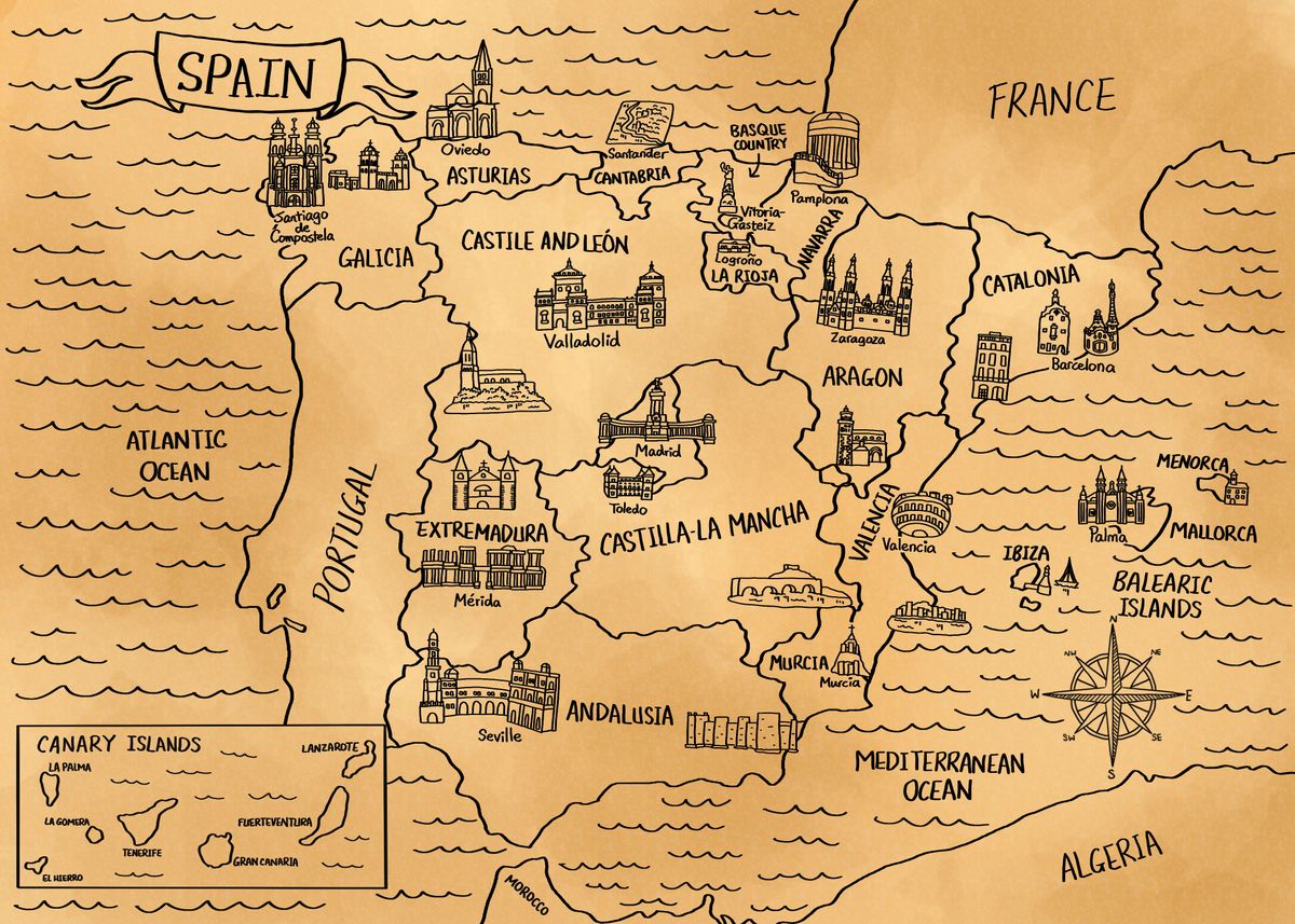 'Brown Vintage Map of Spain' Poster, picture, metal print, paint by ...