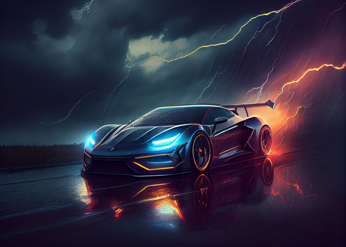 'Sports car and lightning' Poster, picture, metal print, paint by Below ...