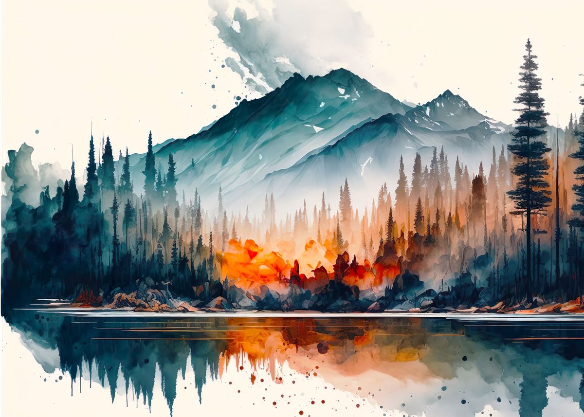'Fire Lake' Poster, picture, metal print, paint by Quasarai | Displate