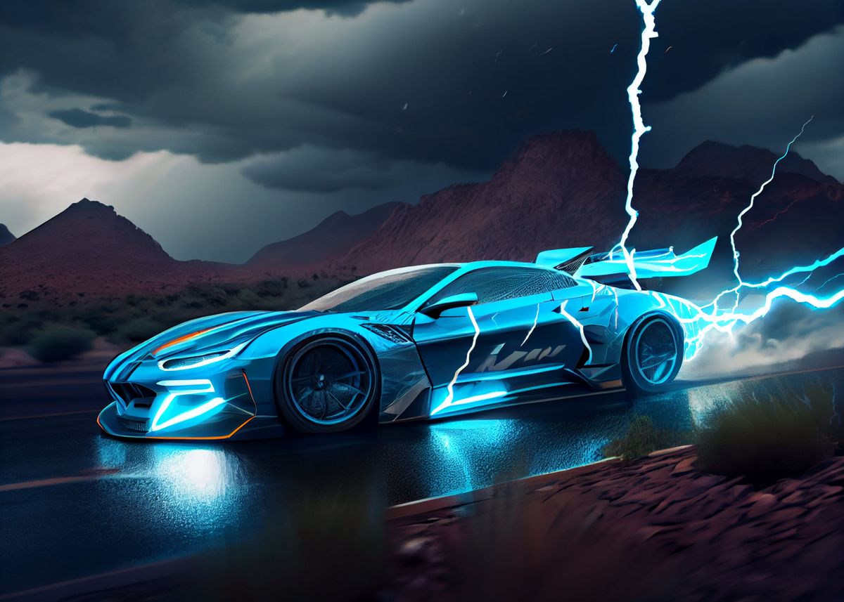 'Sports car and lightning' Poster, picture, metal print, paint by Below ...