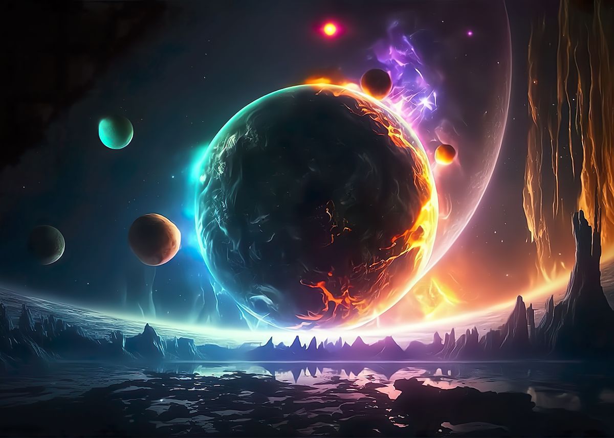 'Space Planet Ice and Fire' Poster, picture, metal print, paint by ...