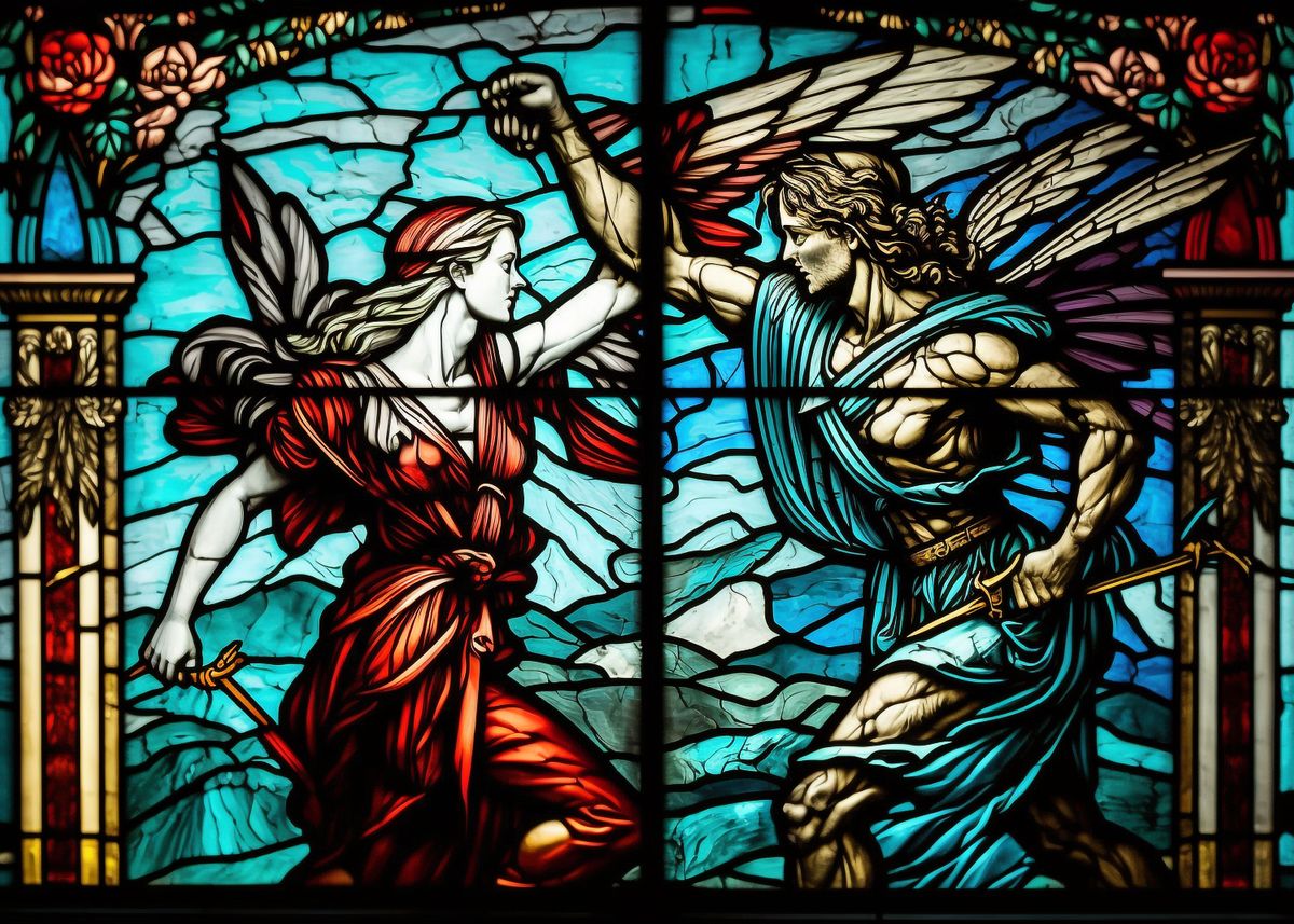'Stained Glass Fight Scene' Poster, picture, metal print, paint by ...