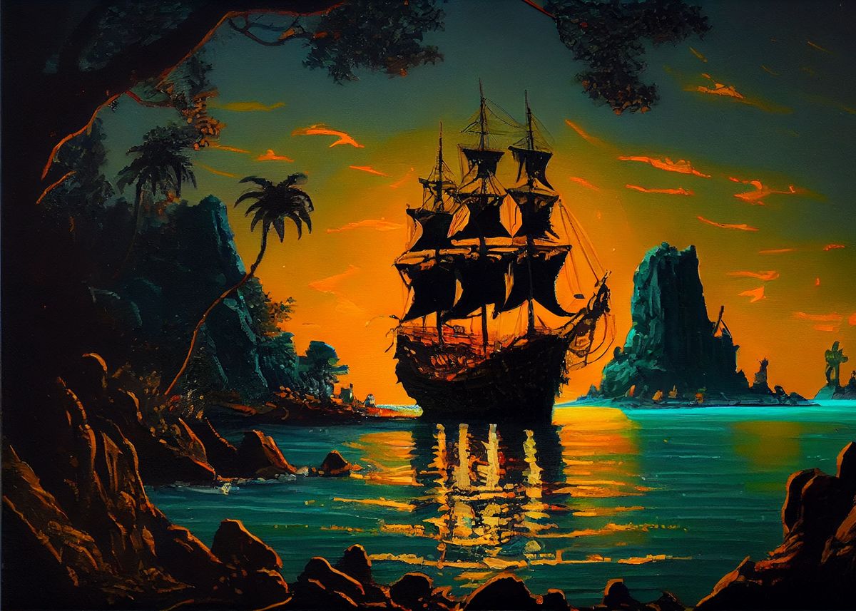 'oil drawing pirate island' Poster, picture, metal print, paint by ...