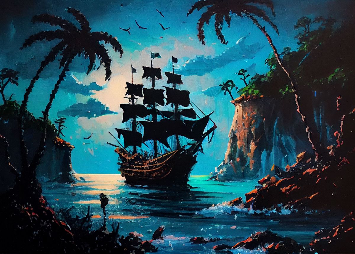 'oil drawing pirate island' Poster, picture, metal print, paint by ...