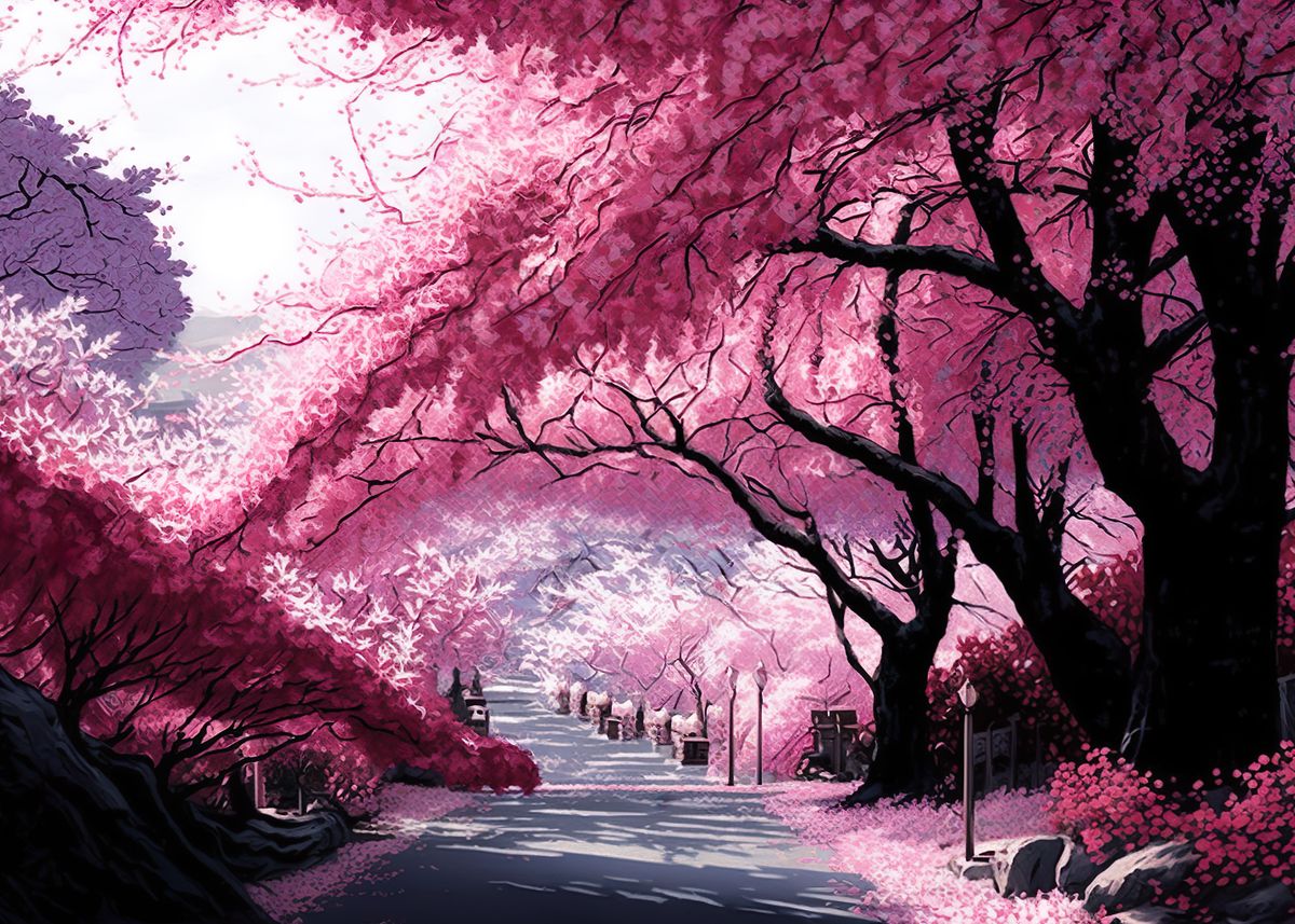 'Japanese Pink Garden' Poster, picture, metal print, paint by ...
