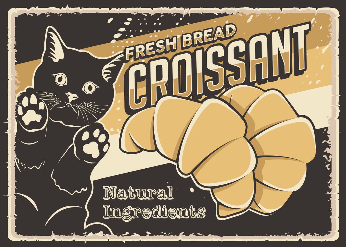 'Fresh Croissant and cat' Poster, picture, metal print, paint by ...