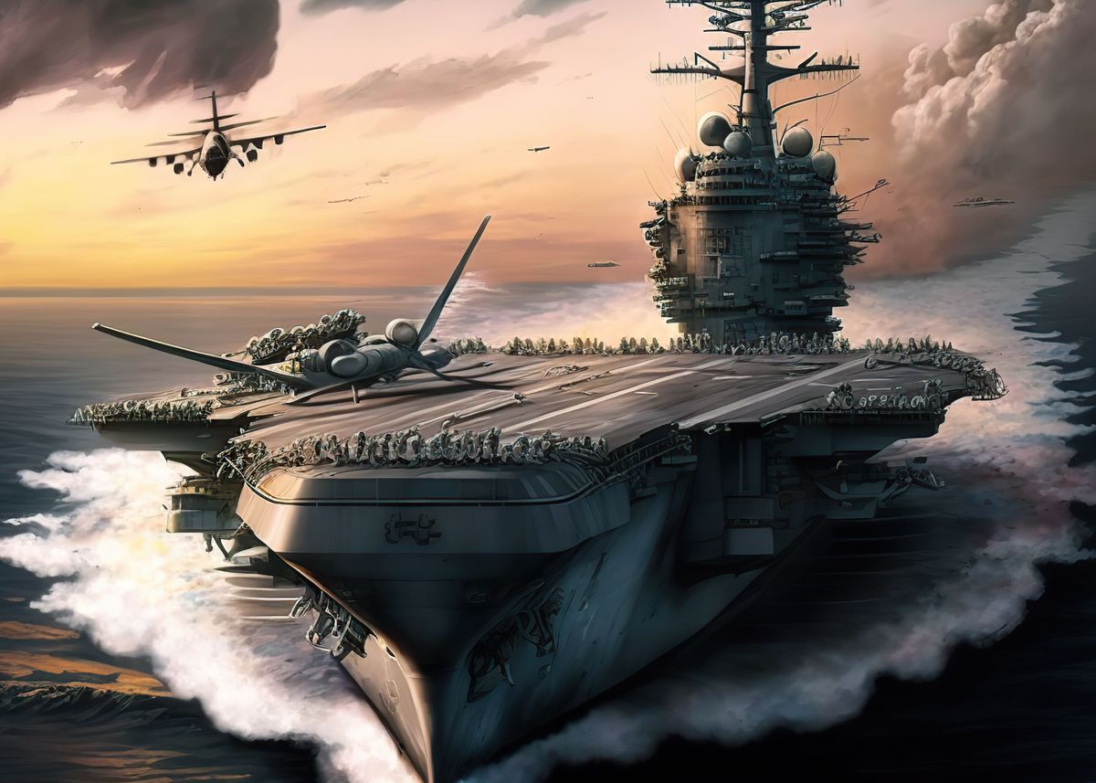 'Aircraft Carrier Sunset' Poster, picture, metal print, paint by Marlie Cullen | Displate