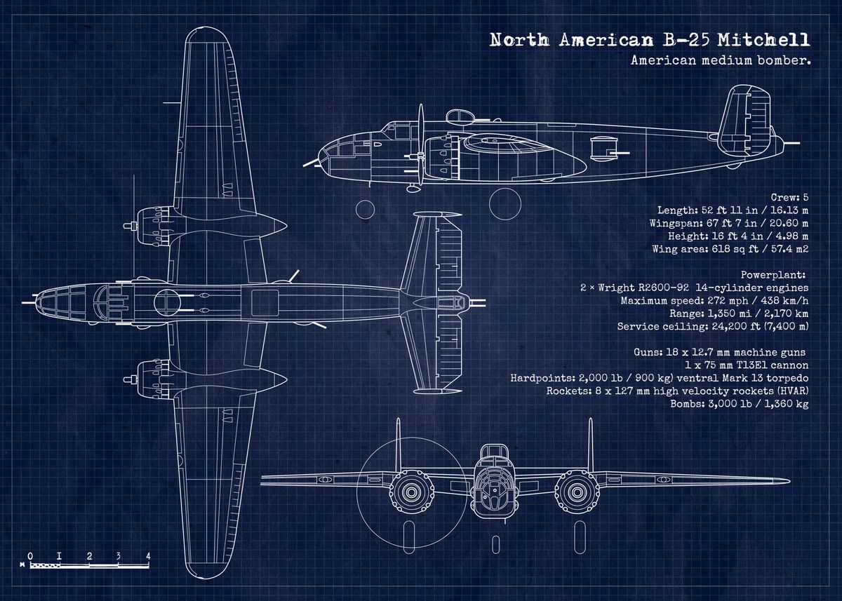 'B25 Mitchell Blueprint' Poster, picture, metal print, paint by ...