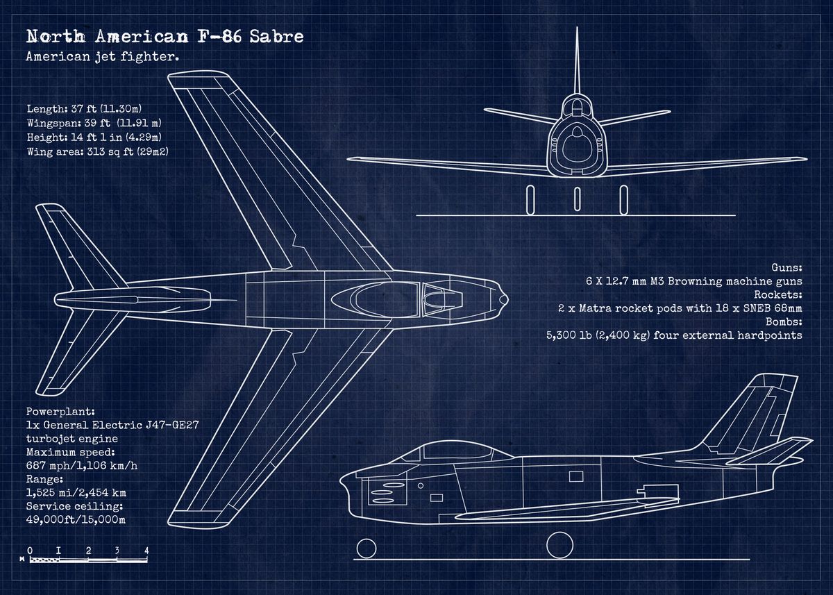 'F86 Sabre Blueprint' Poster, picture, metal print, paint by AirCraft Lover | Displate