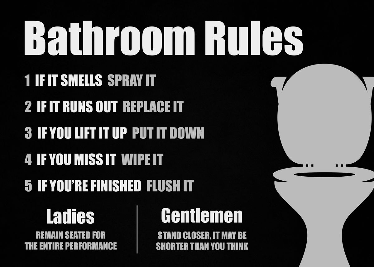 'Bathroom Rules Funny Sign' Poster, picture, metal print, paint by ...
