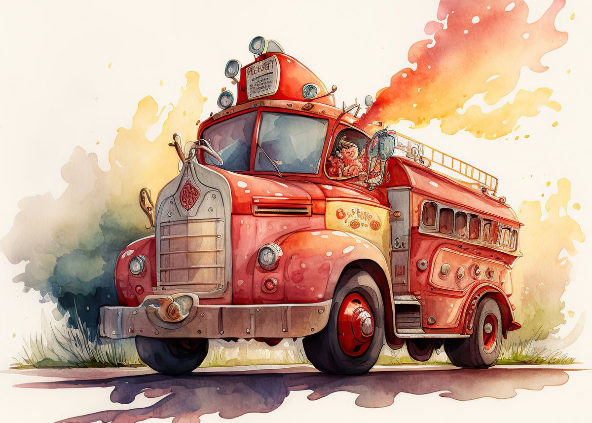 'fire truck watercolor' Poster, picture, metal print, paint by Sohail ...