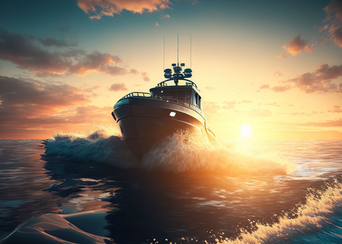 'Yacht Sunset' Poster, picture, metal print, paint by Luke Emery | Displate