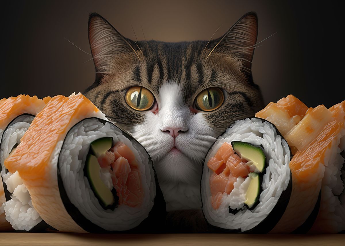 'cat sushi' Poster, picture, metal print, paint by Peter Li | Displate