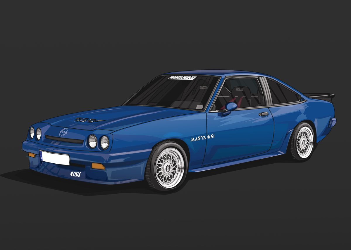 'Opel Manta GSi Blue Grey' Poster, picture, metal print, paint by POWERDRAWINGS | Displate