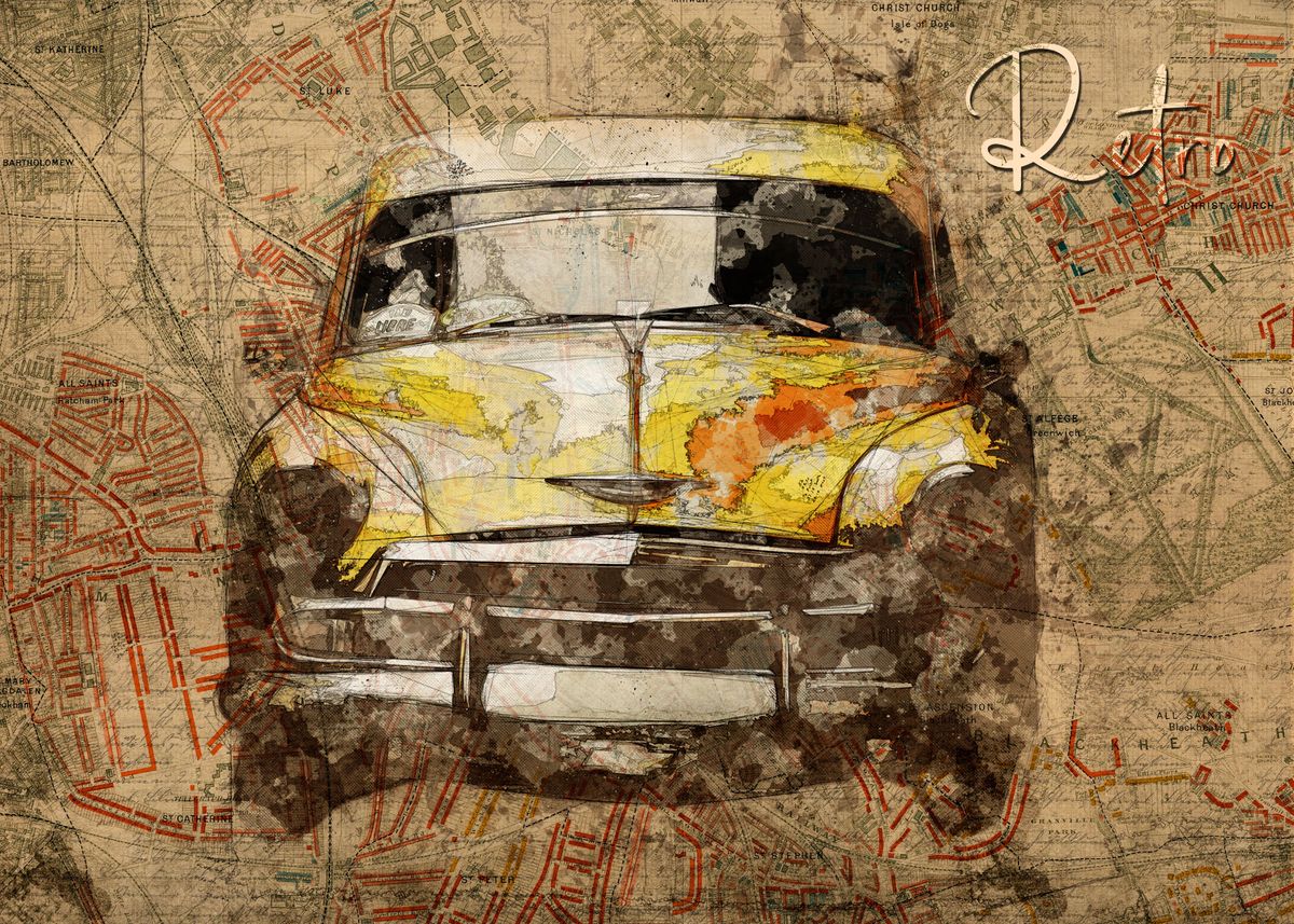 'yellow car retro poster' Poster, picture, metal print, paint by ...
