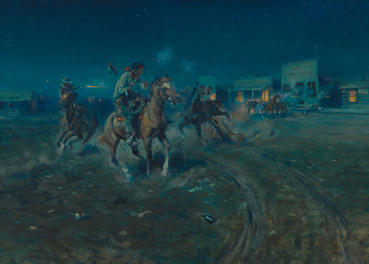 'Cowboys Gunfight At Night' Poster, picture, metal print, paint by ...