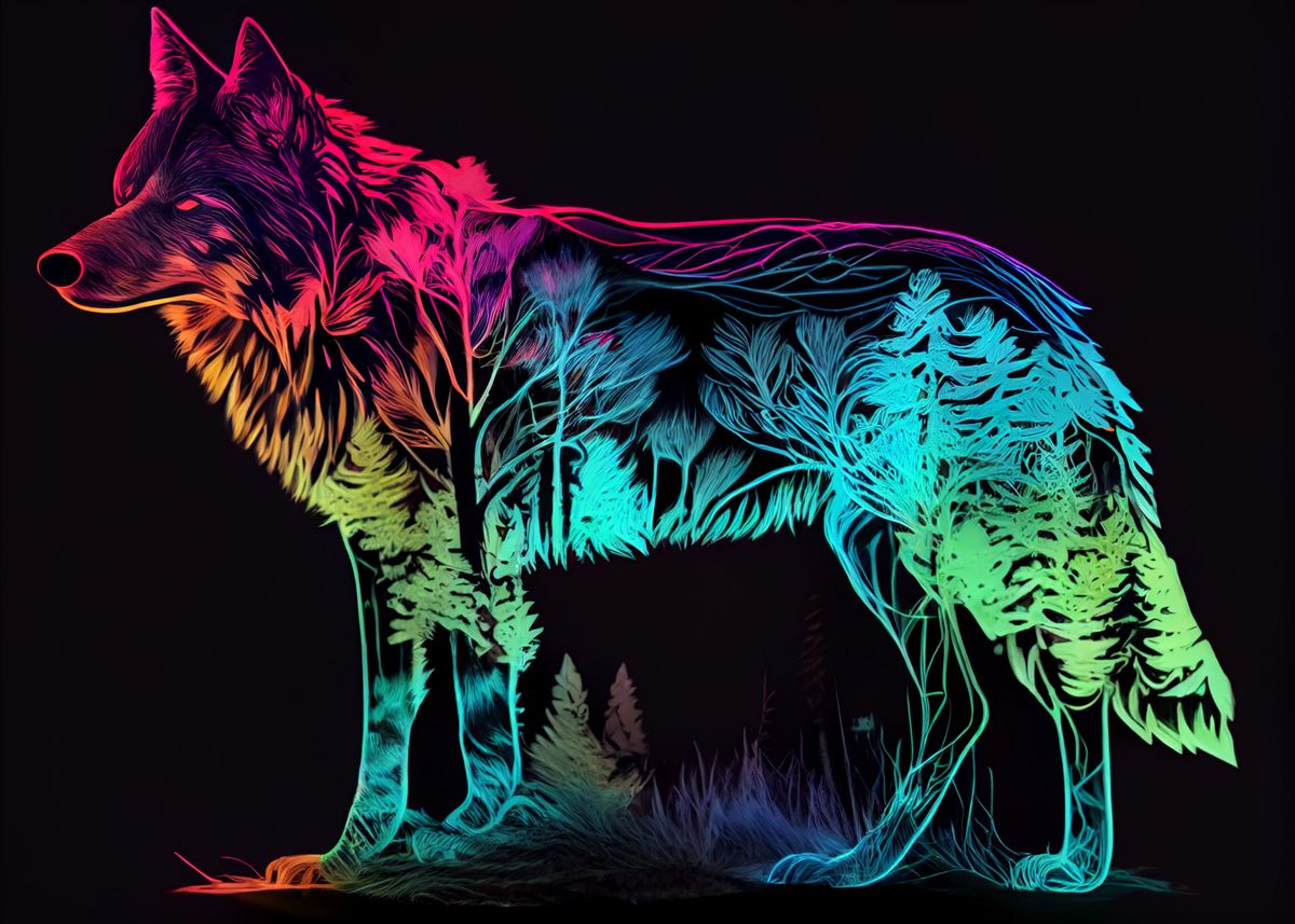 'Colorful wolf' Poster, picture, metal print, paint by Below Horizon | Displate