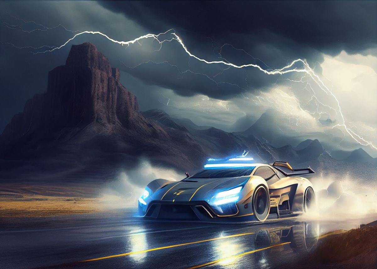 'Sports car and lightning' Poster, picture, metal print, paint by Below ...