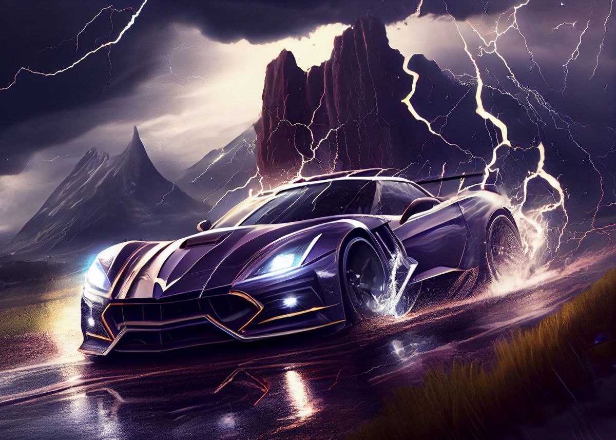 'Sports car and lightning' Poster, picture, metal print, paint by Below ...