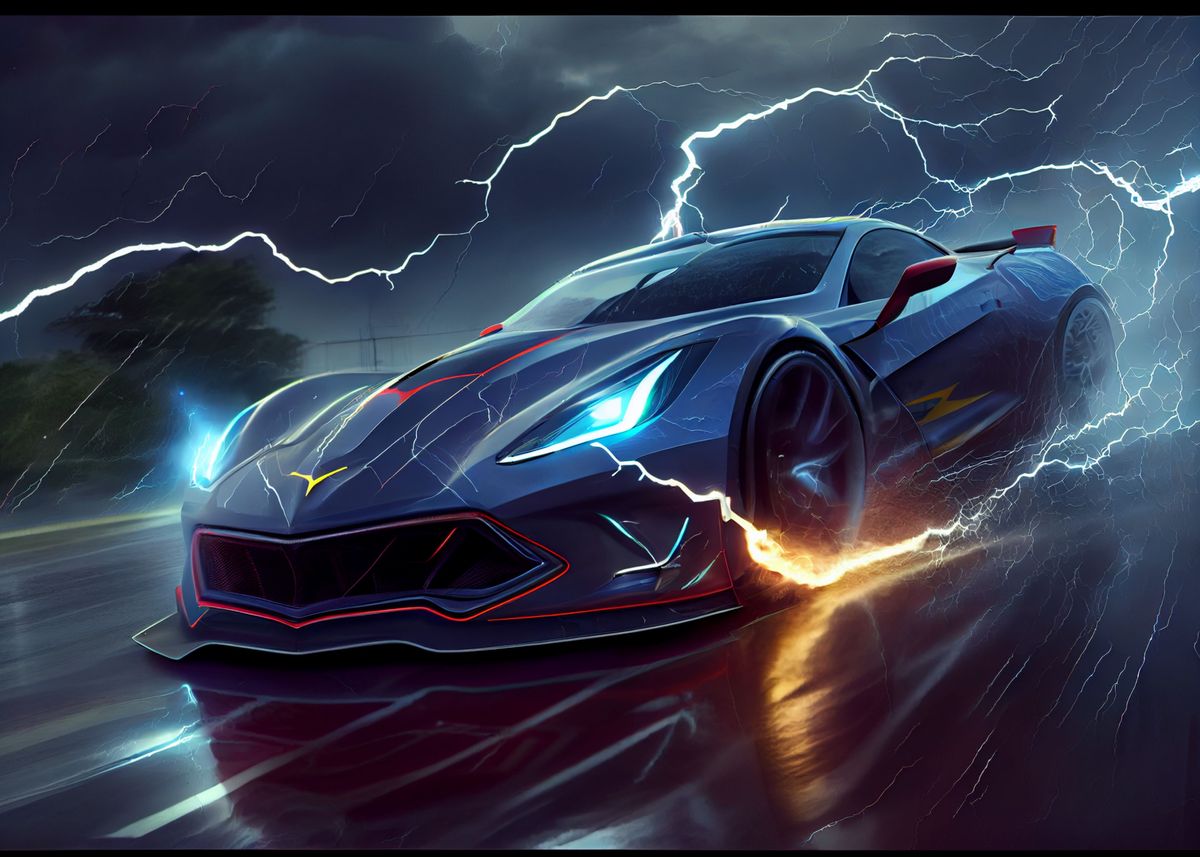 'Sports car and lightning' Poster by Below Horizon | Displate