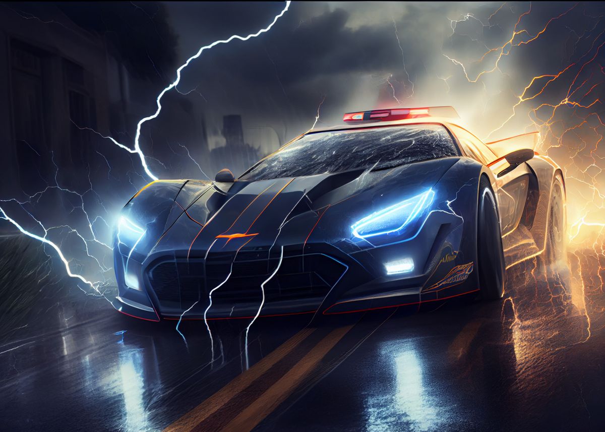 'Sports car and lightning' Poster, picture, metal print, paint by Below ...