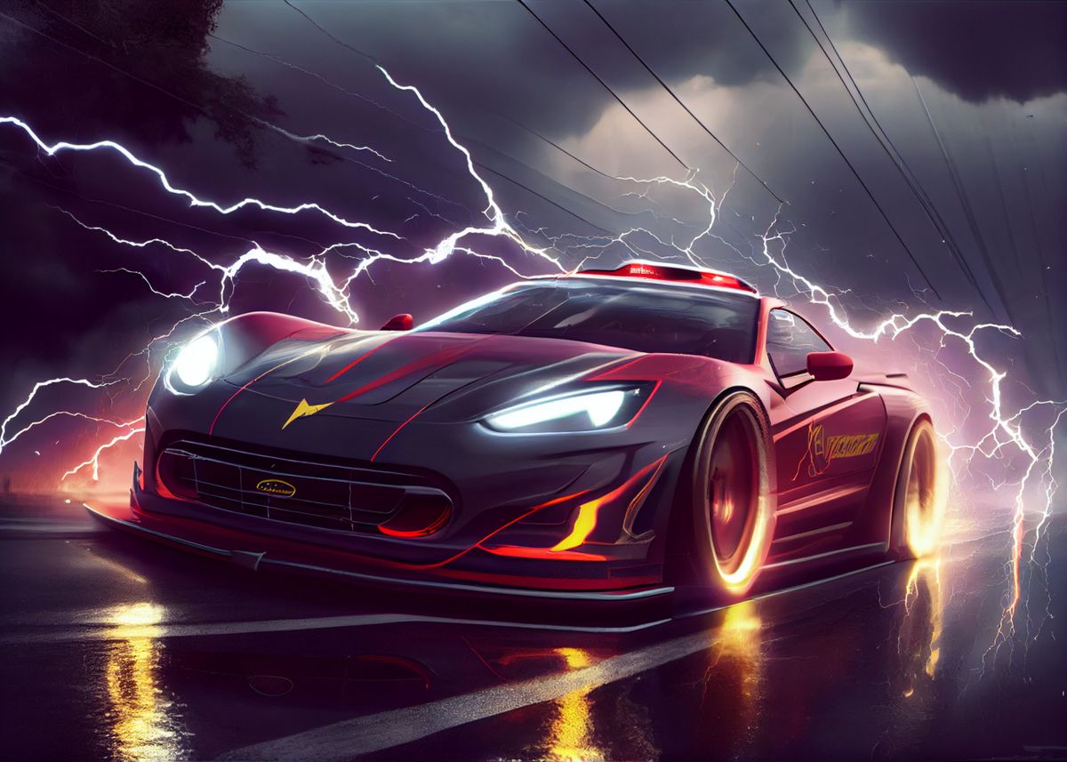 'Sports car and lightning' Poster, picture, metal print, paint by Below ...