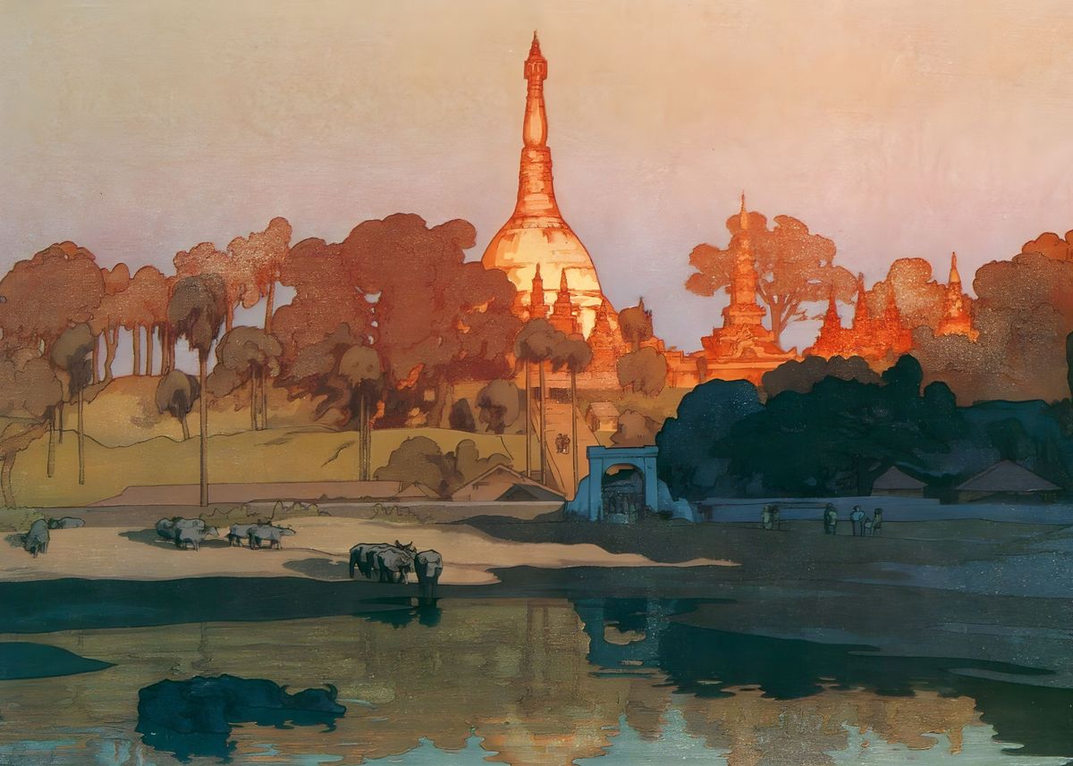 'Golden Pagoda in Rangoon' Poster, picture, metal print, paint by ...