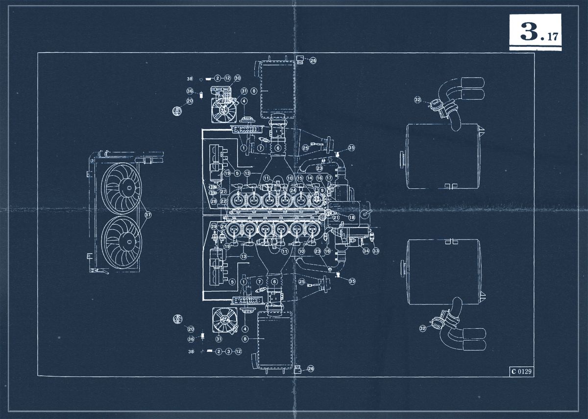 'F50 Engine Top Blueprint ' Poster, picture, metal print, paint by ...
