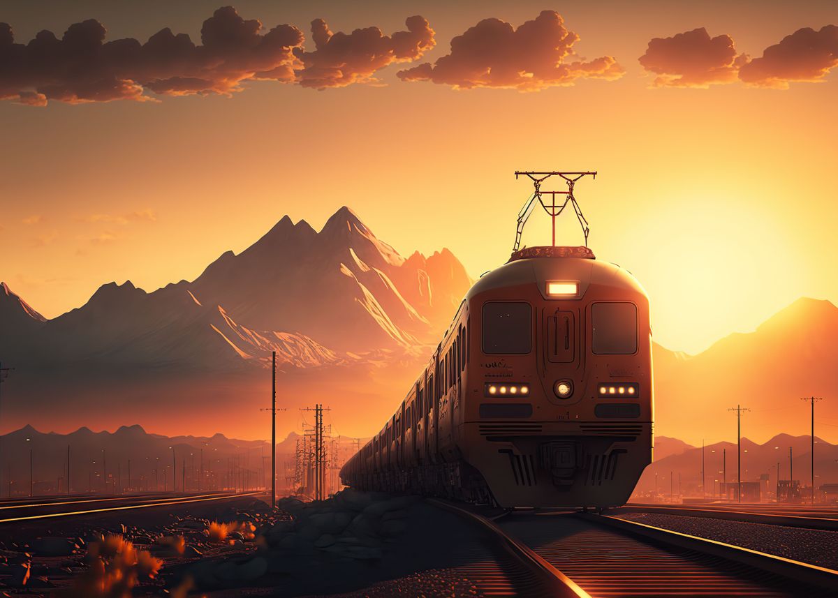 ' Locomotive Train Sunset' Poster, picture, metal print, paint by ...