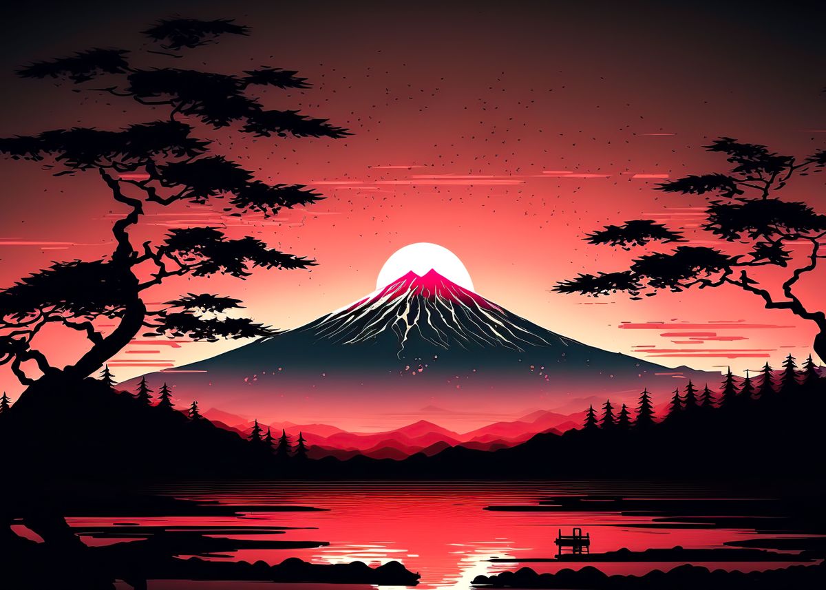 'Red Sunset over Mount Fuji' Poster by DorthyToy | Displate