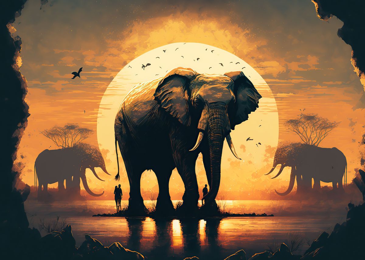 'elephant sunset ' Poster, picture, metal print, paint by Rida Santos ...