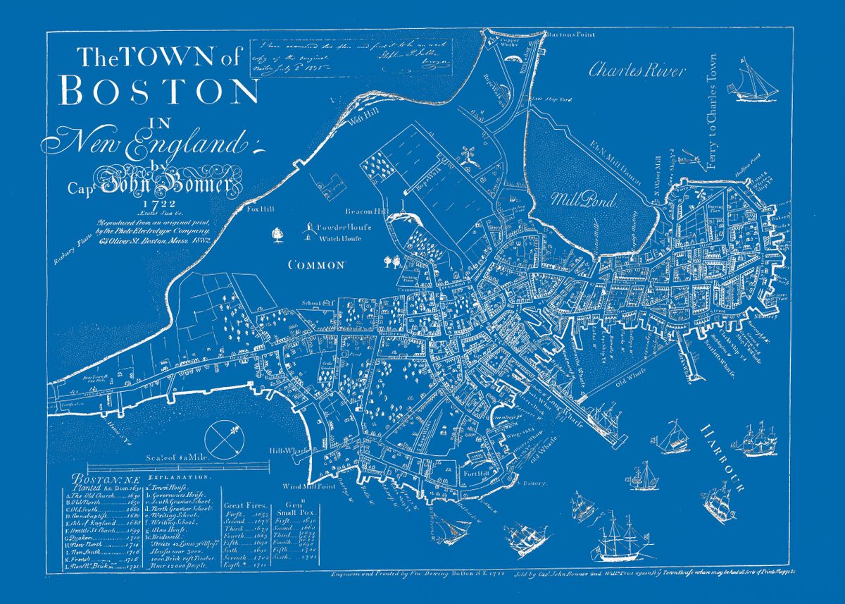 'Boston blue vintage map' Poster by Vardi Creations | Displate