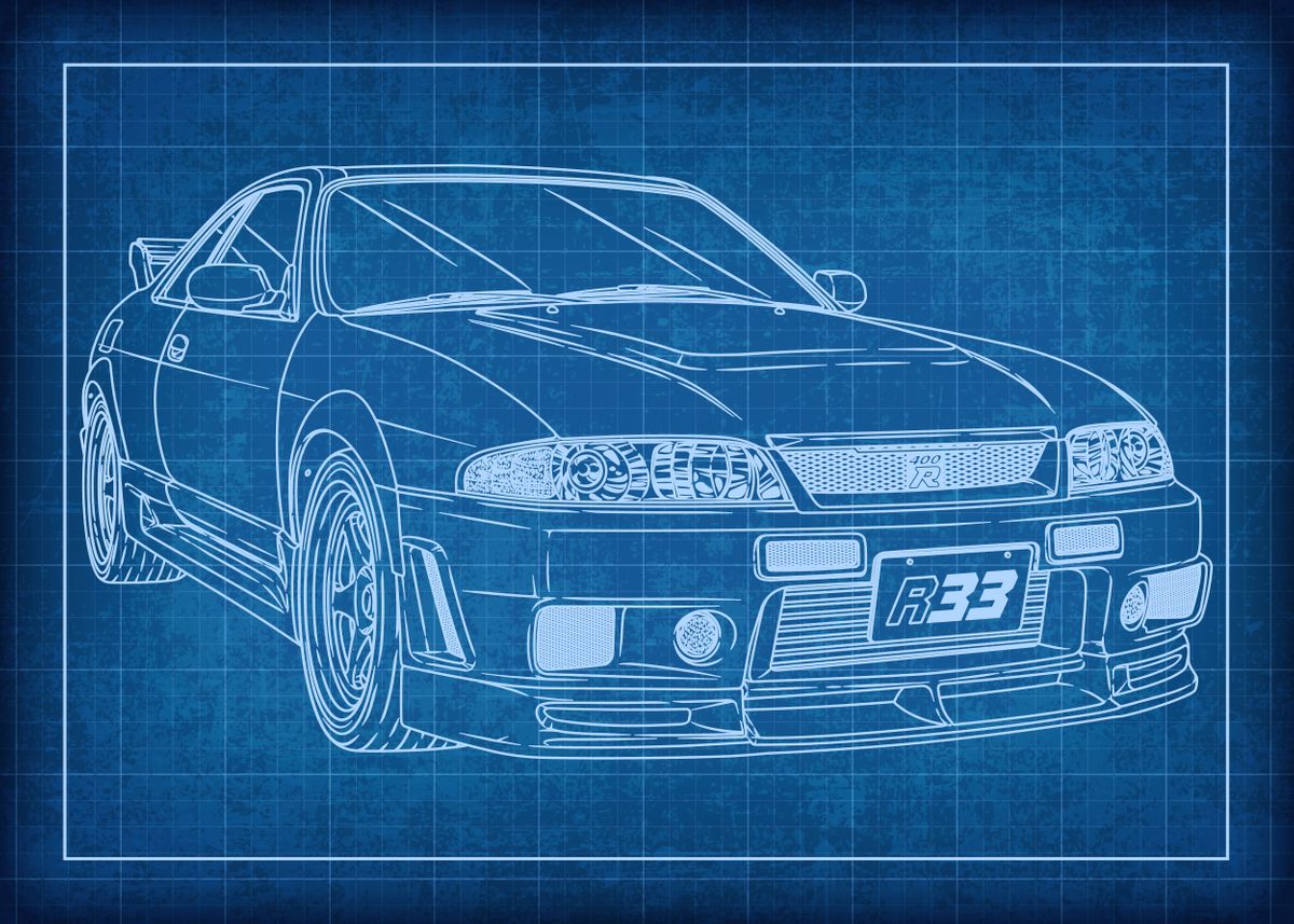 'Nissan GTR R33 Blueprint' Poster, picture, metal print, paint by Navin ...