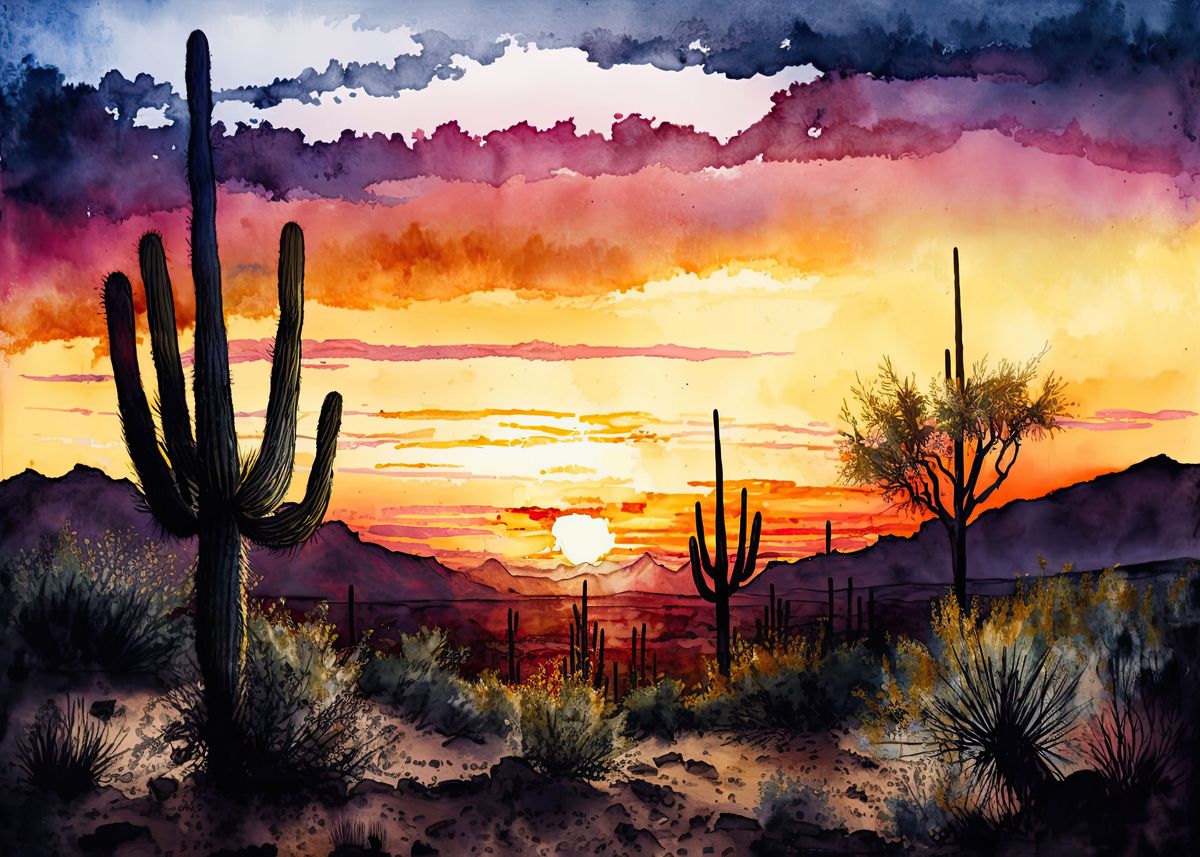 'Desert Watercolor Sunset' Poster, picture, metal print, paint by Nick ...