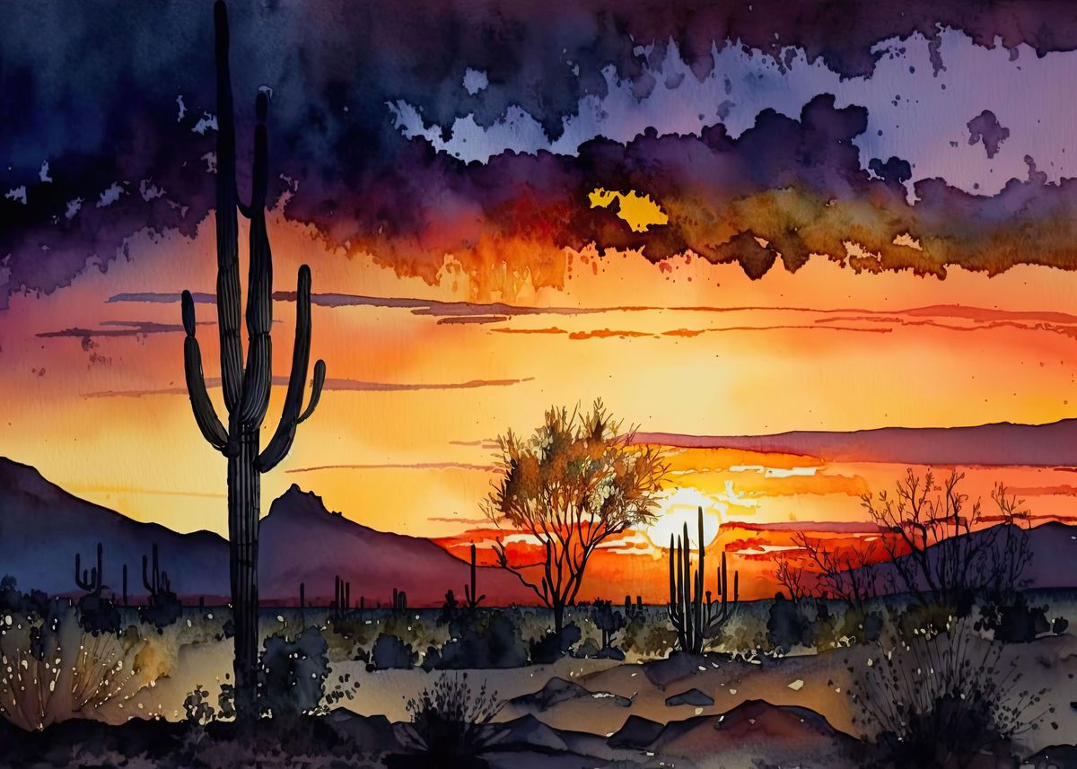 'Desert Watercolor Sunset' Poster, picture, metal print, paint by Nick ...