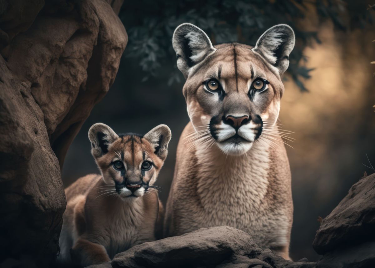 'Puma with cub' Poster, picture, metal print, paint by Byrdyak | Displate