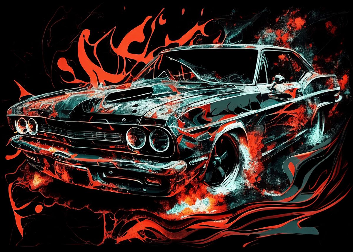 'abstract muscle car flames' Poster by Hazzo Design | Displate