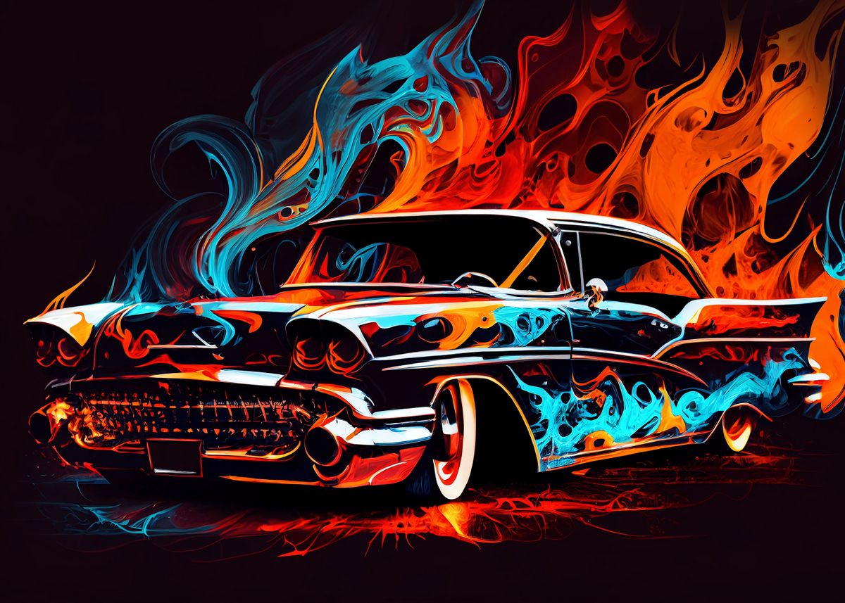 'Classic car flames' Poster, picture, metal print, paint by Hazzo ...