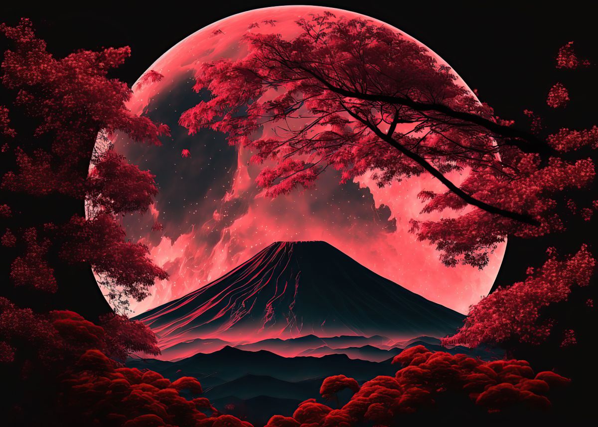 'Red Moon Japan' Poster, picture, metal print, paint by Coral Blackwell ...