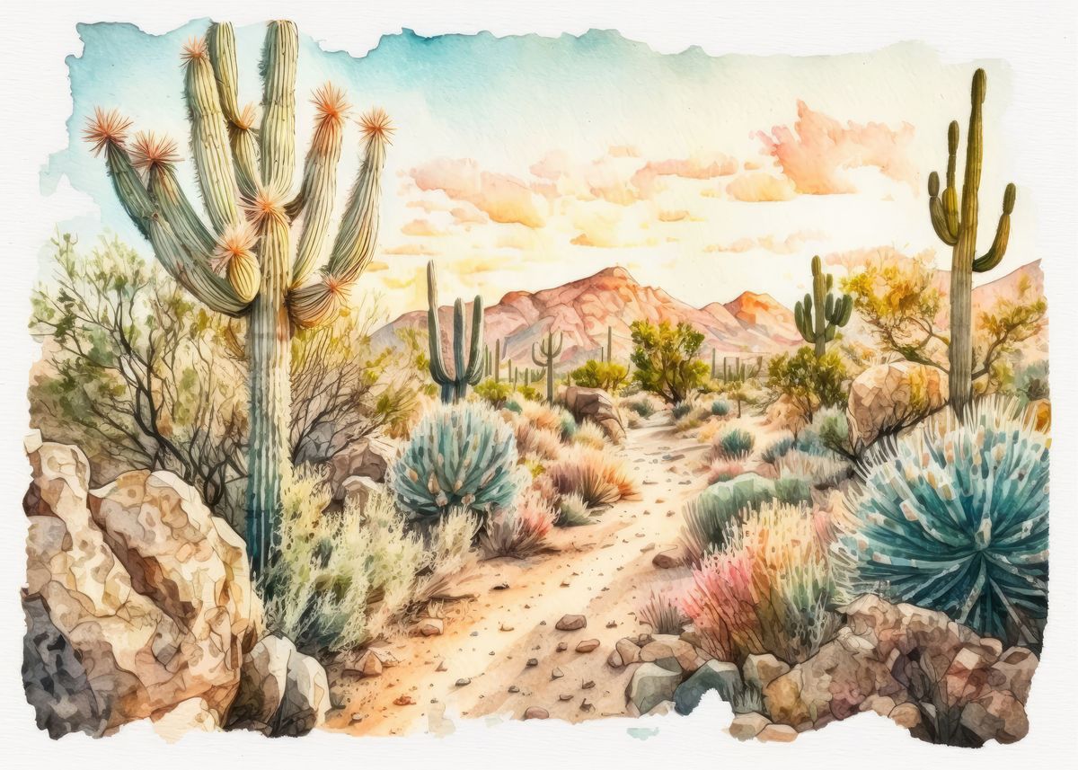 'Desert Watercolor Sunset' Poster, picture, metal print, paint by Nick ...