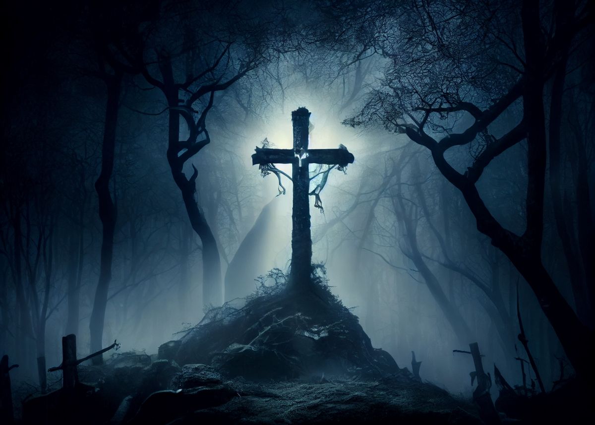 'Scary crucifix in the wood' Poster, picture, metal print, paint by ...