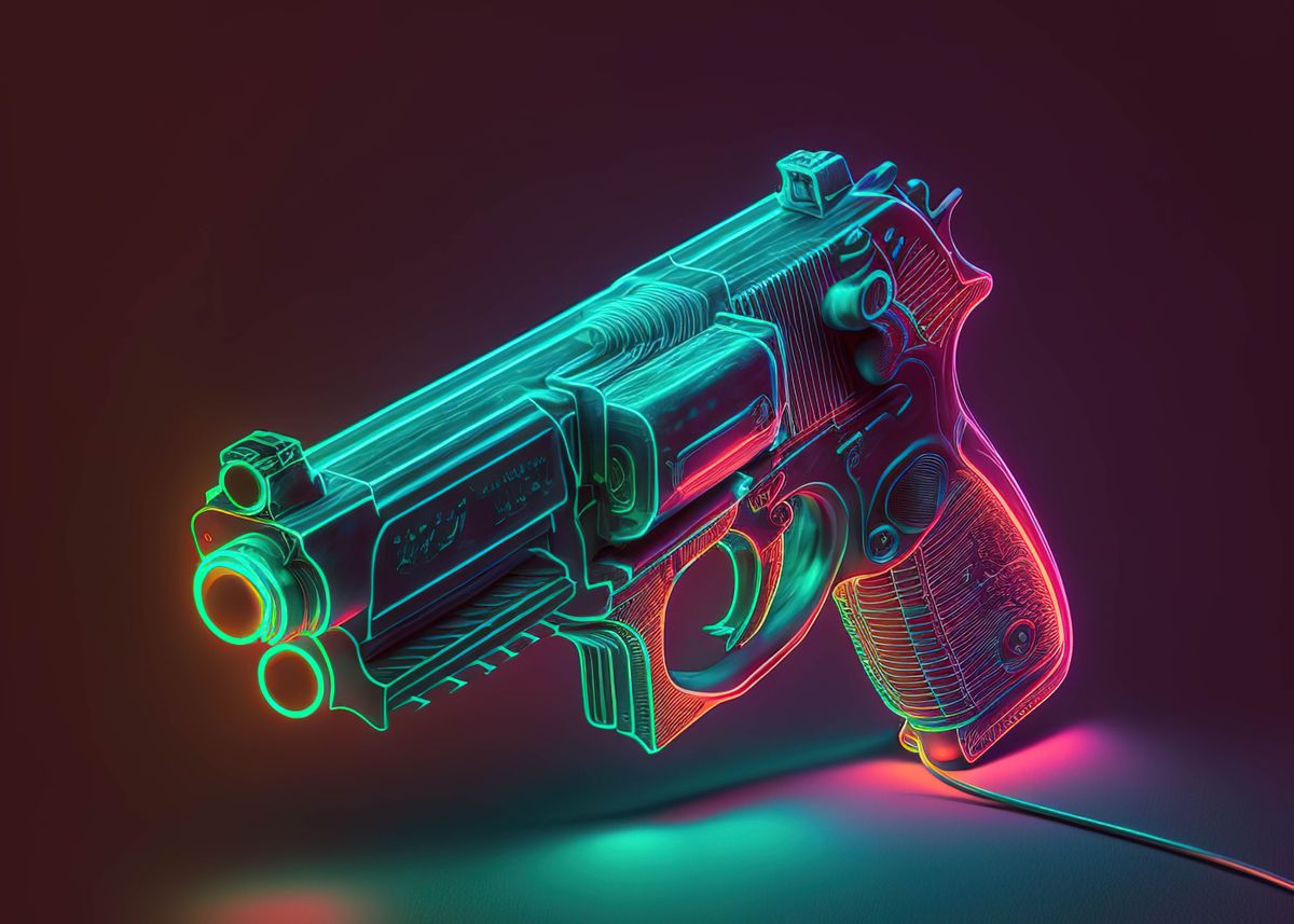 'Gun Neon' Poster, picture, metal print, paint by Peter Li | Displate