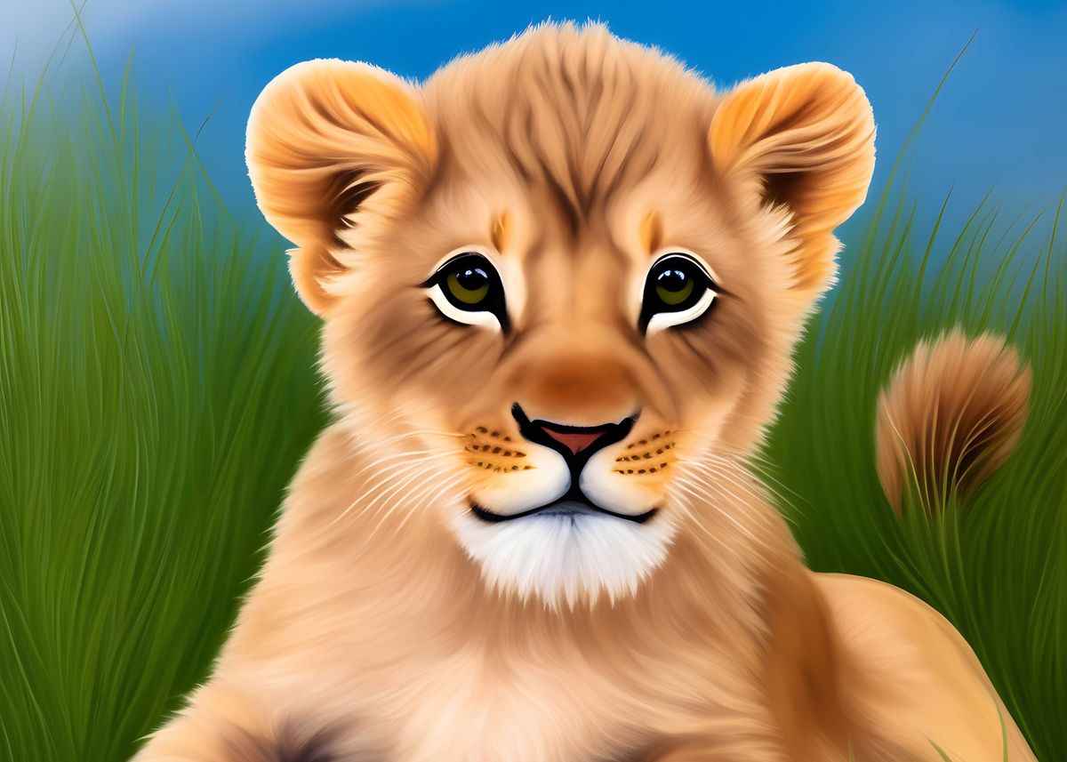 'Baby lion laying on green ' Poster, picture, metal print, paint by ...