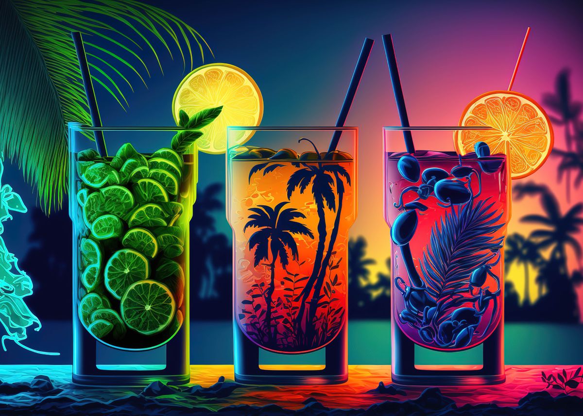 'Cocktail Drink Neon' Poster, picture, metal print, paint by Isla Daven ...