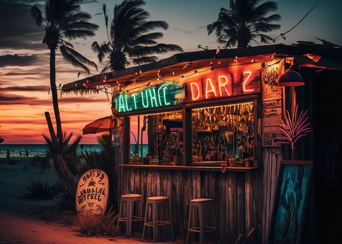 'Outdoor Bar Beach Neon' Poster, picture, metal print, paint by Anime ...