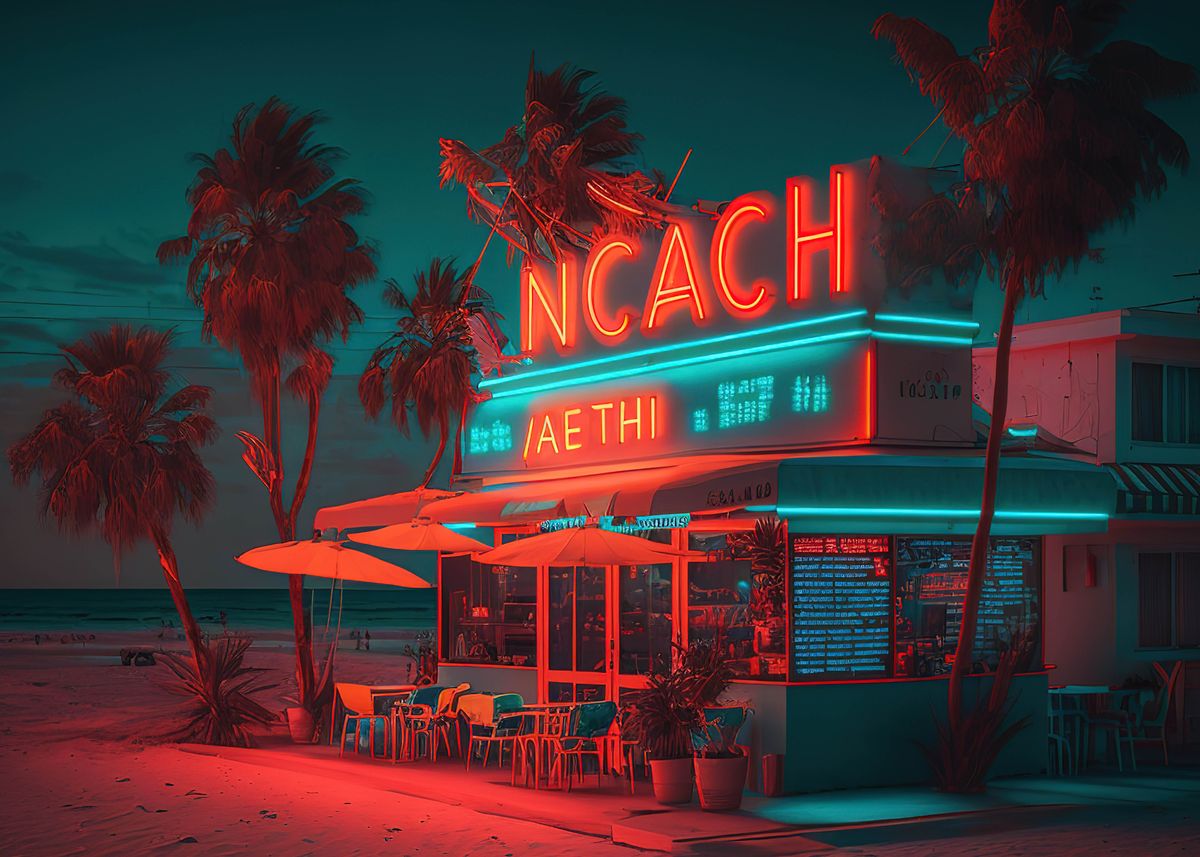 'Outdoor Bar Beach Neon' Poster, picture, metal print, paint by Coral ...