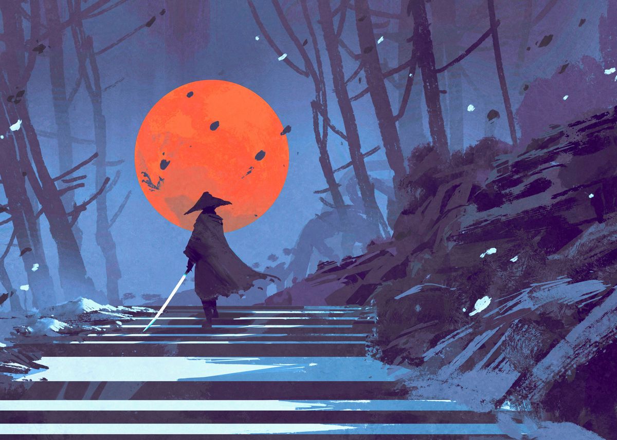 'Samurai Red moon' Poster, picture, metal print, paint by Leika Satoshi ...