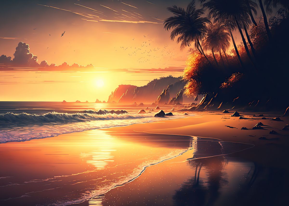 'Beach sunset landscape' Poster, picture, metal print, paint by ...