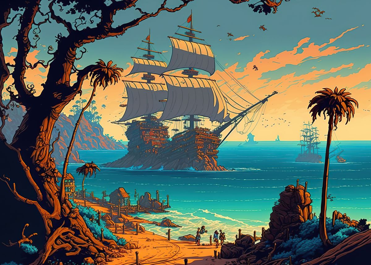 'pirate ship landscape' Poster, picture, metal print, paint by Atlas ...
