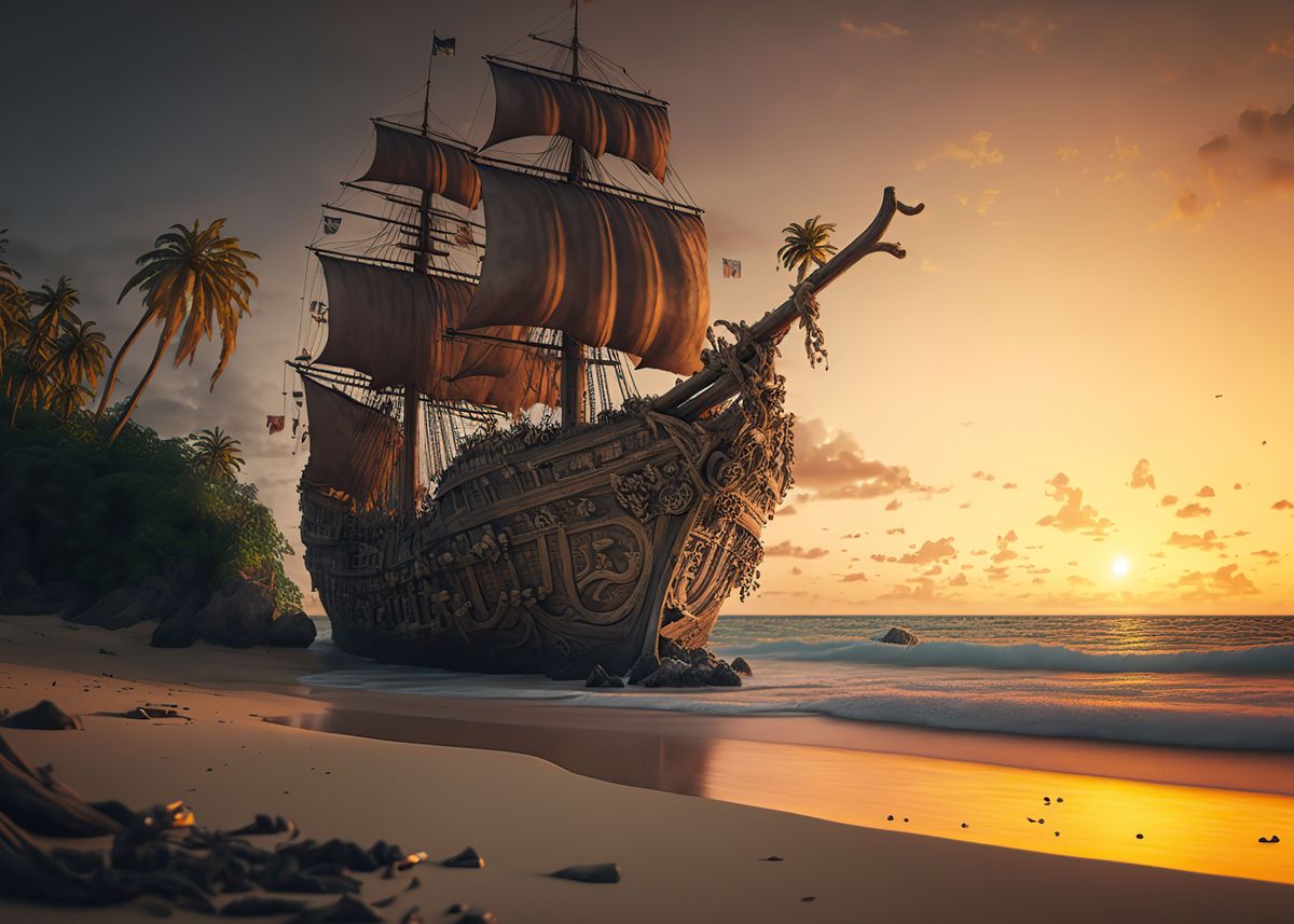 'pirate ship landscape' Poster, picture, metal print, paint by Atlas ...